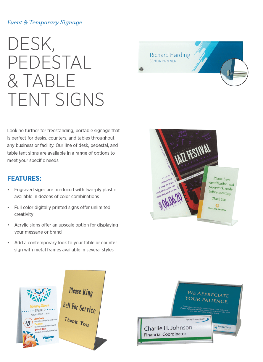 Signage - Desk, Pedestal, & Table Tent Signs - TAPP Custom